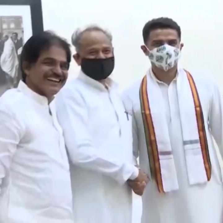 Gehlot meets Pilot at legislature party meet, pose for photos together ...